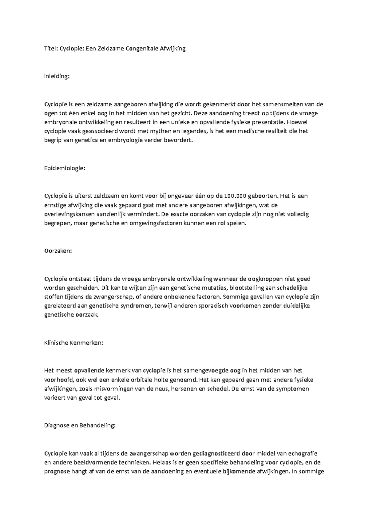 Cycloop - verslag cyclopie - Titel: Cyclopie: Een Zeldzame Congenitale ...