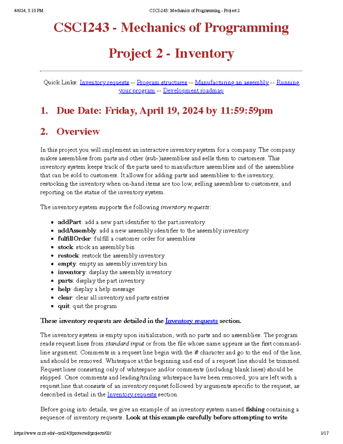 CSCI-243 Mechanics of Programming - Project 2 - Due Date: Friday, April 19, 2024 by 11:59:59pm 2 ...