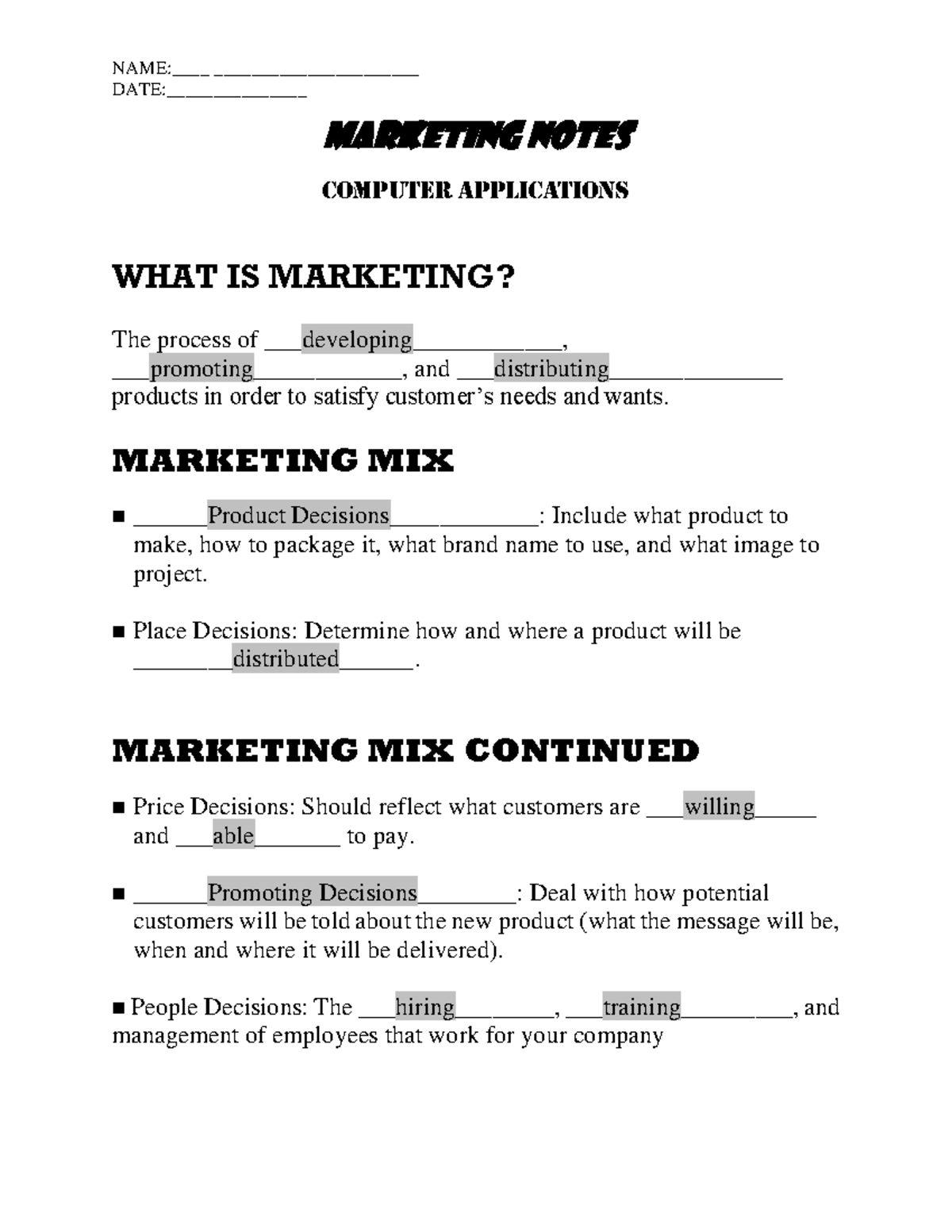 Marketing a Product Notes 2019 - NAME:____ ______________________ DATE ...
