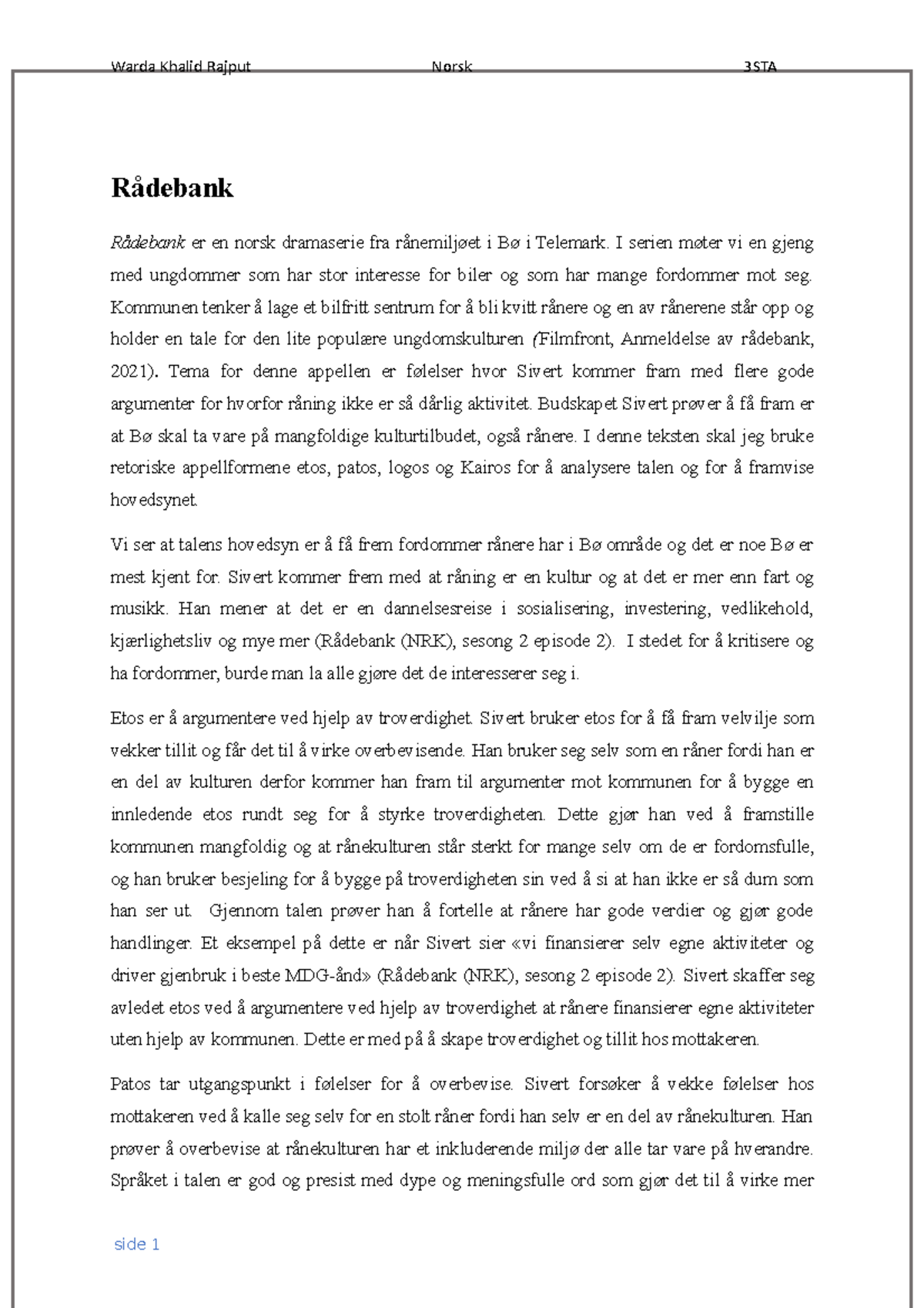 Rådebank andre utkast - Warda Khalid Rajput Norsk 3STA Rådebank ...