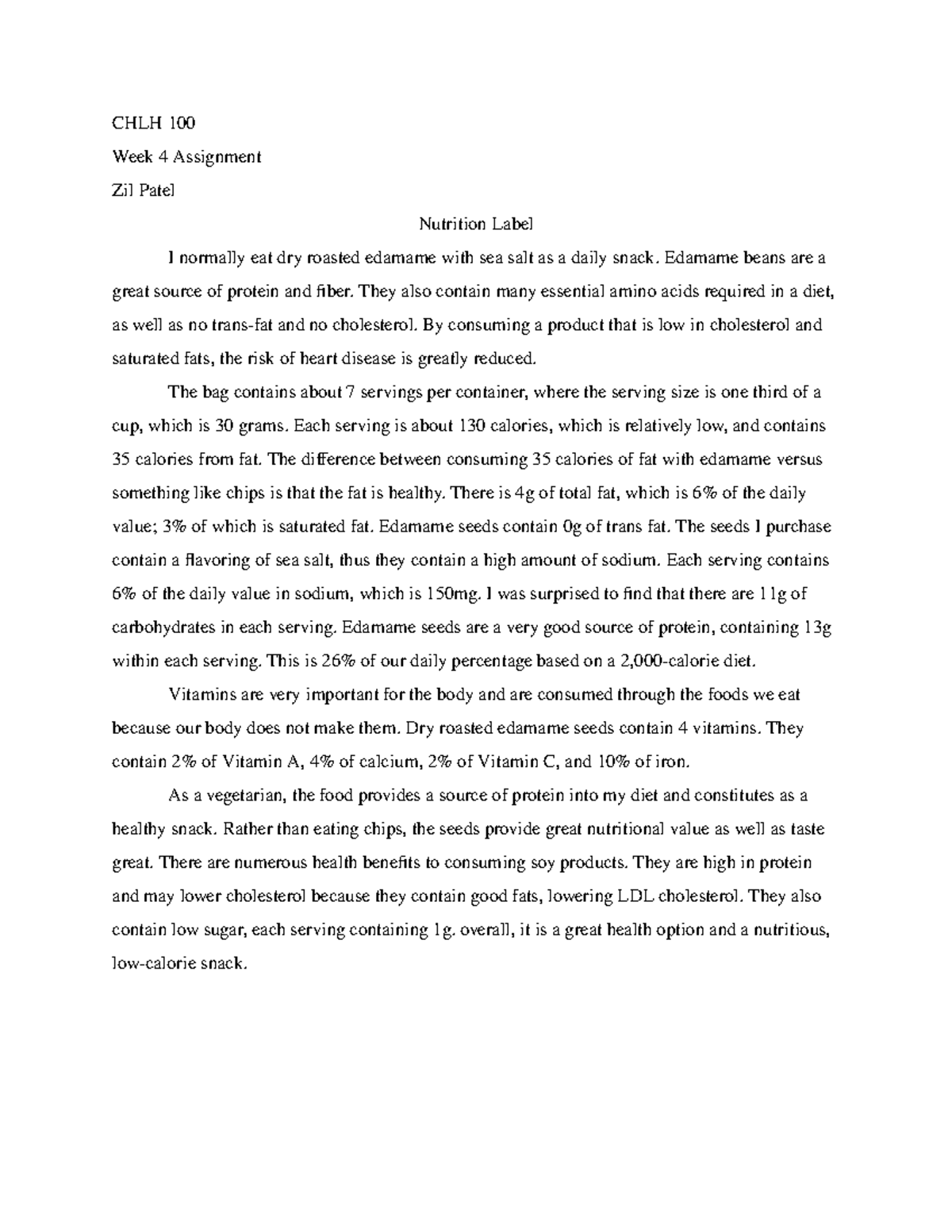 Nutrition Label ZP - Grade: A+ - CHLH 100 Week 4 Assignment Zil Patel ...