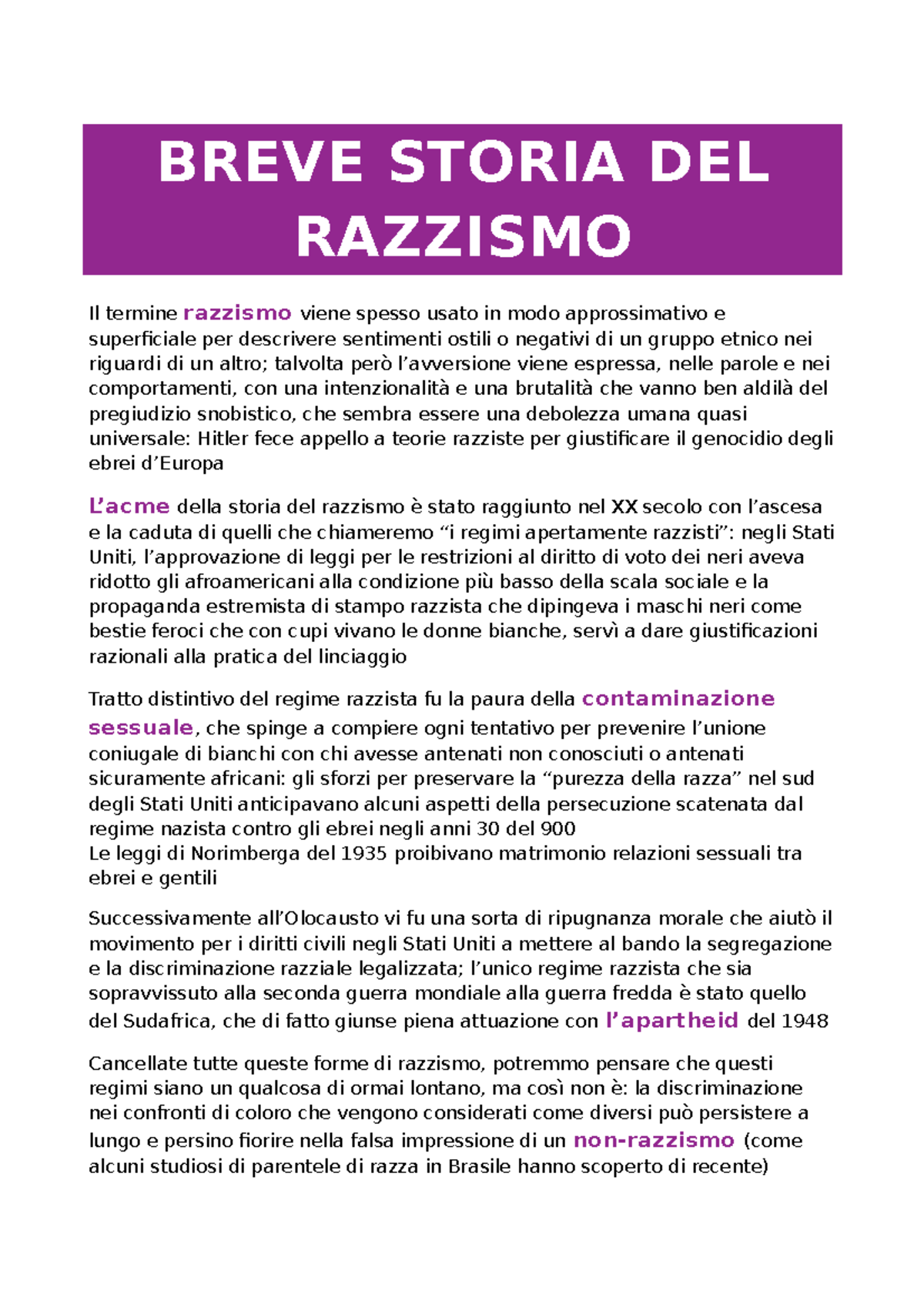 Breve storia del razzismo - Studi storici e filosofici - UNIPA - Studocu