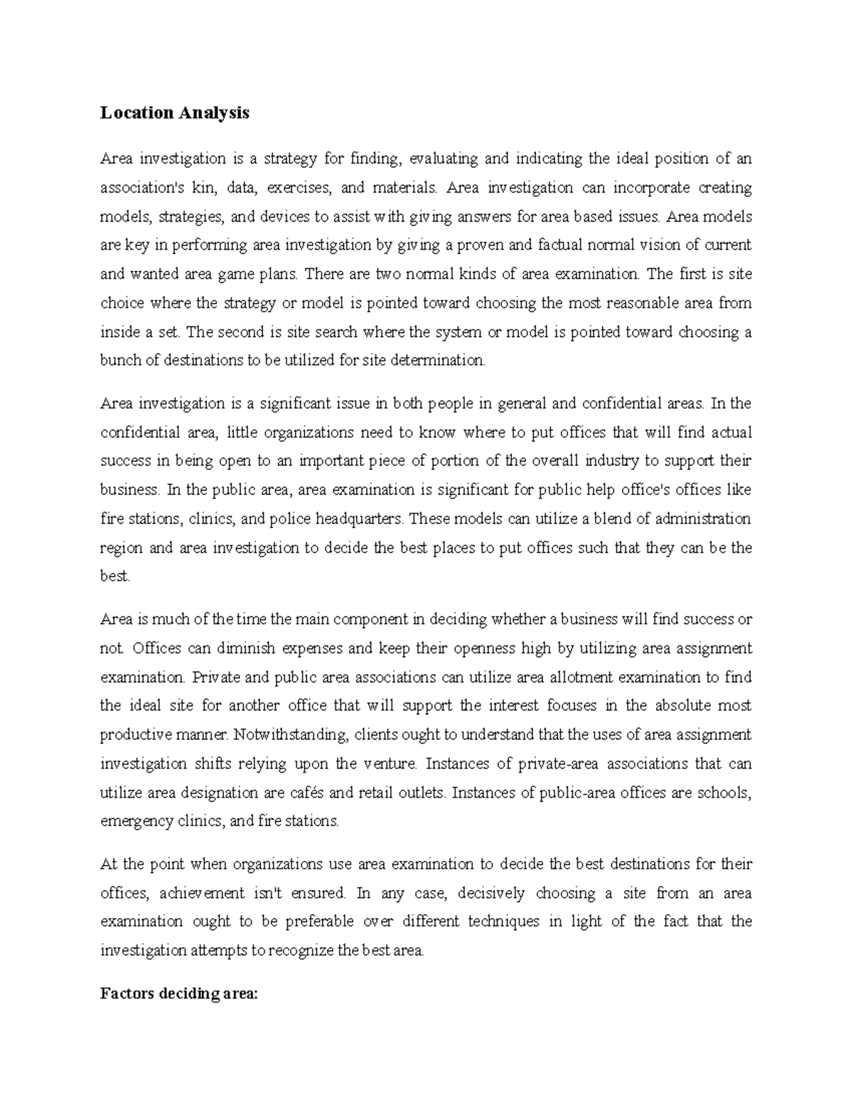 Location Analysis - Location Analysis Area investigation is a strategy ...