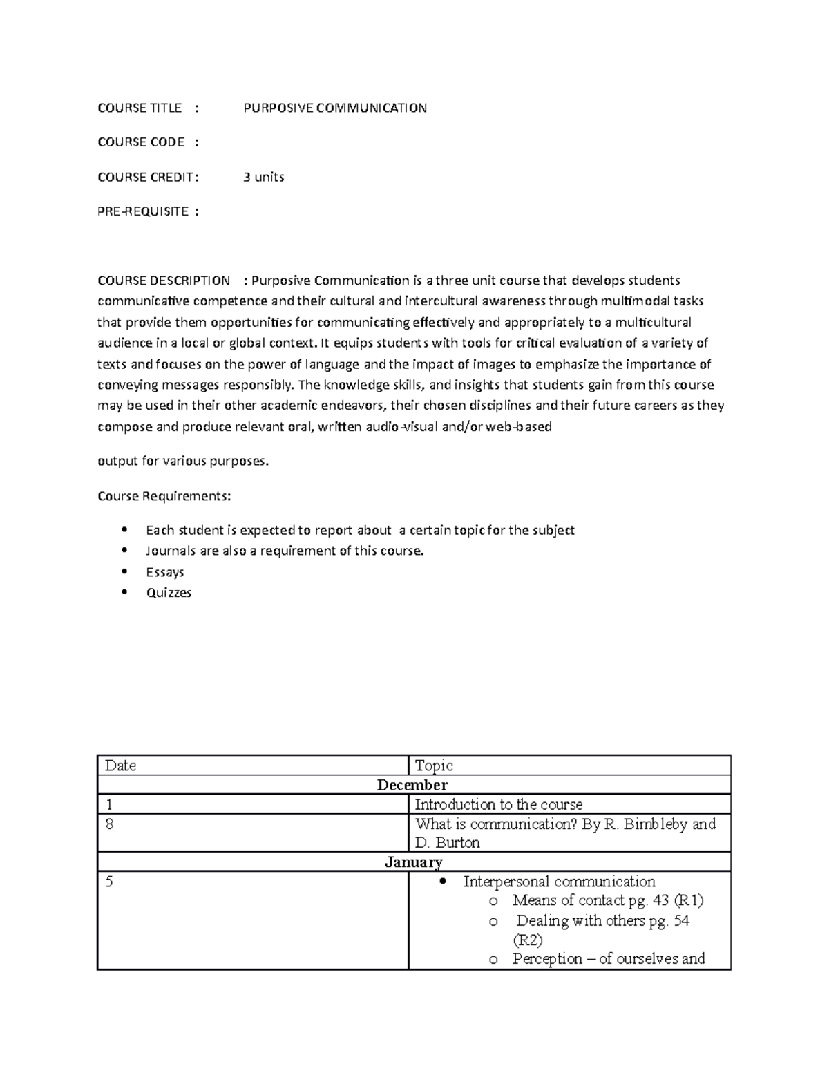 Course Outline PUR COM - Lecture notes 1-5 - COURSE TITLE : PURPOSIVE ...