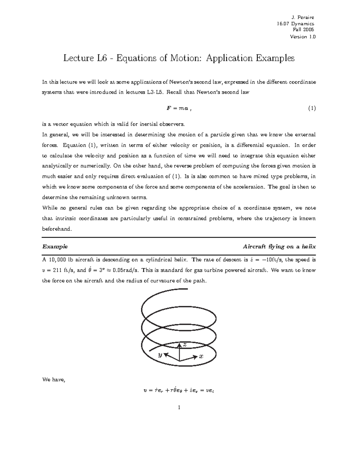 L6 L1 lecture note Lecture 6 - J. Peraire 16 Dynamics Fall 2005 Version 1. Lecture L6 ...