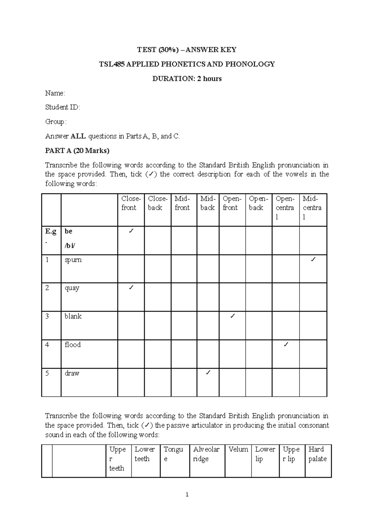 T1 3A Answer Key - TEST (30%) – ANSWER KEY TSL485 APPLIED PHONETICS AND ...