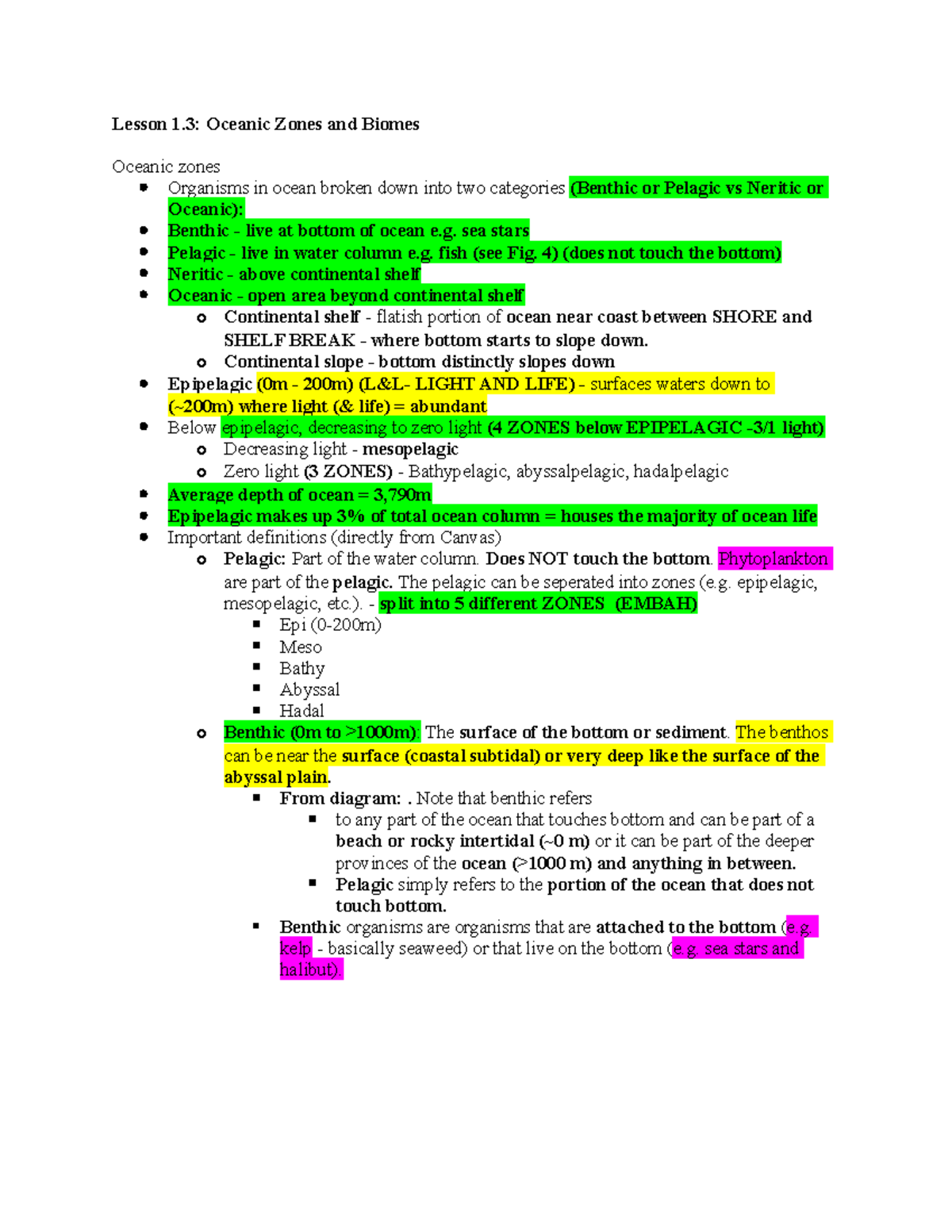 Module A Part 3 Lecture notes 3 - Lesson 1: Oceanic Zones and Biomes ...