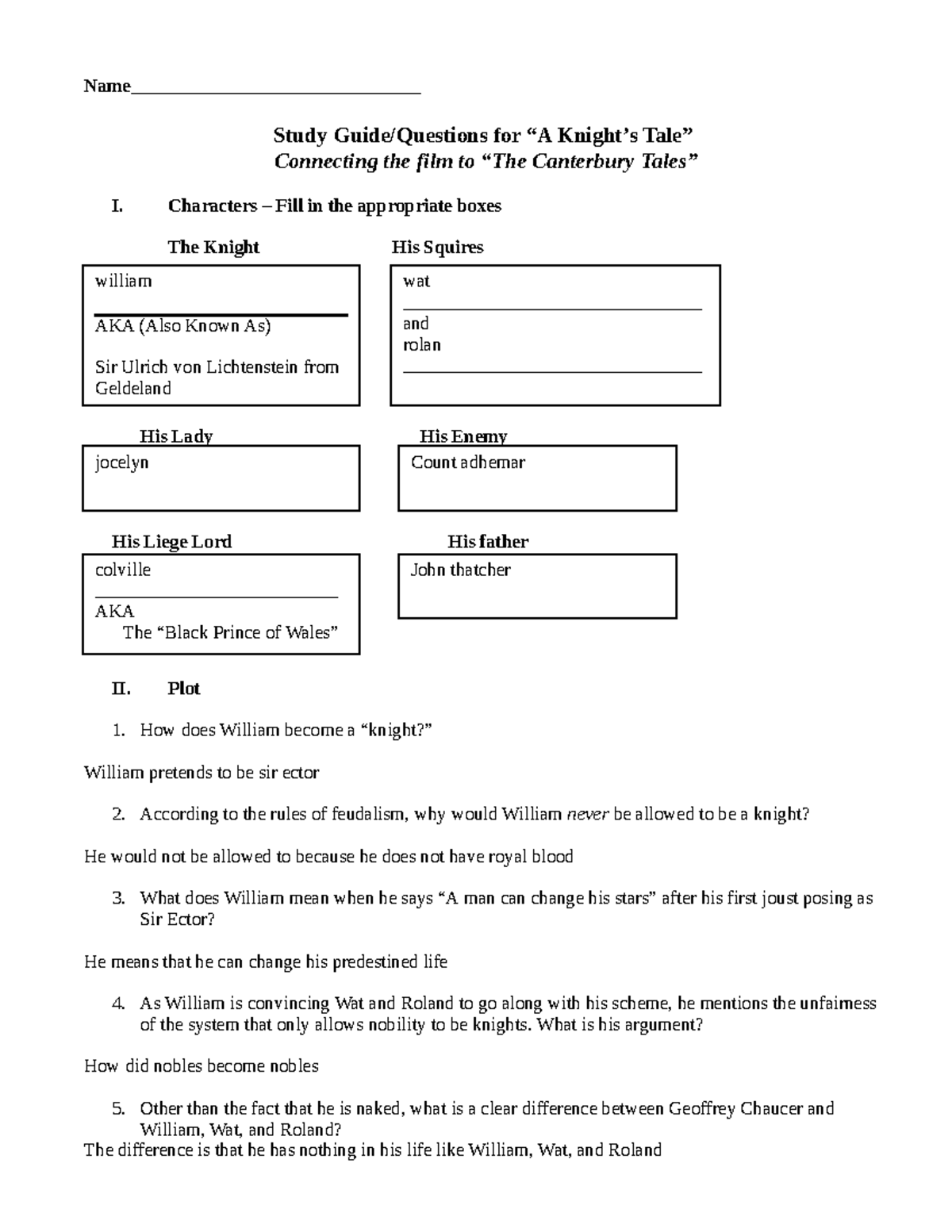 A Knight's Tale Study Guide - Name_______________________________ Study ...