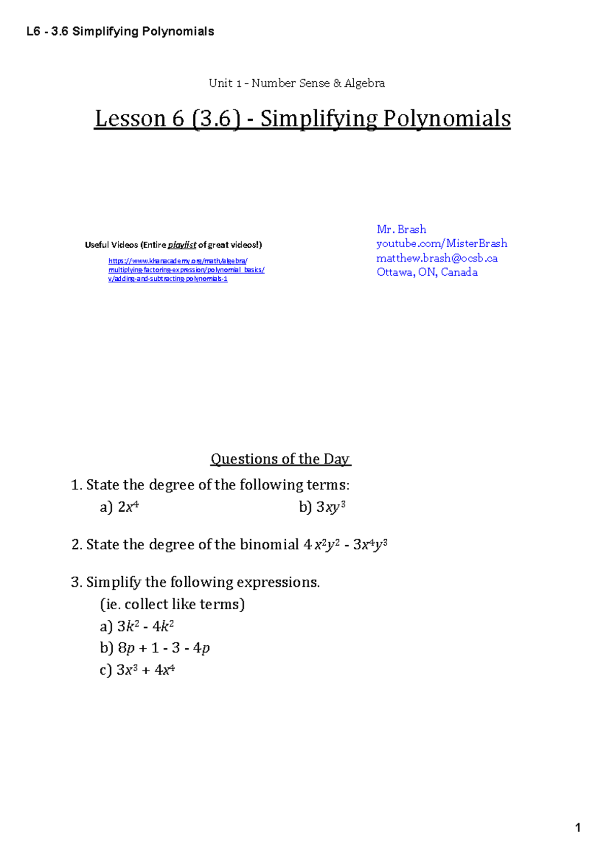 L6 - 3.6 Simplifying Polynomials - Unit 1 Number Sense & Algebra Mr ...