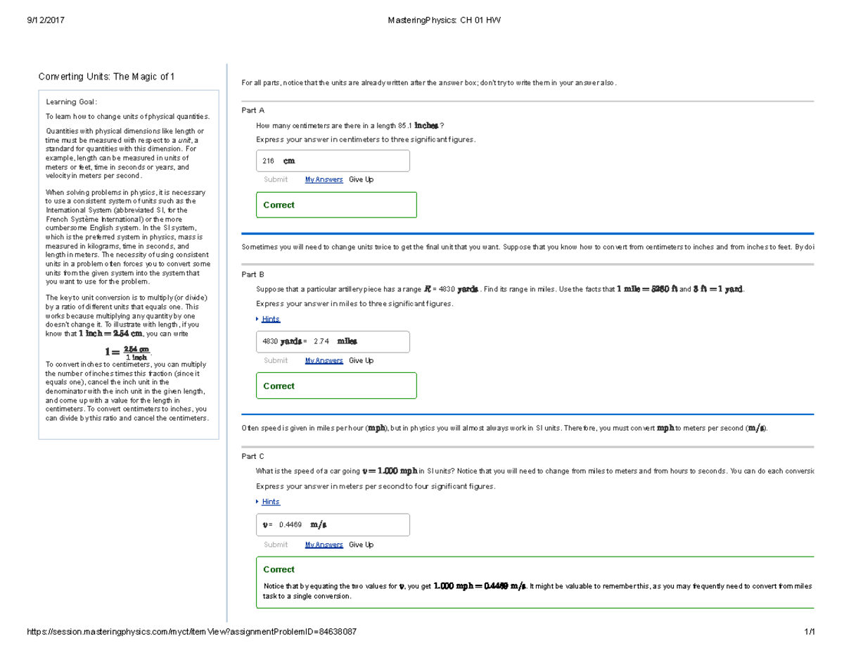 Mastering Physics CH 01 HW p2 - MasteringPhysics: CH 01 HW Converting Units: The Magic of 1 ...