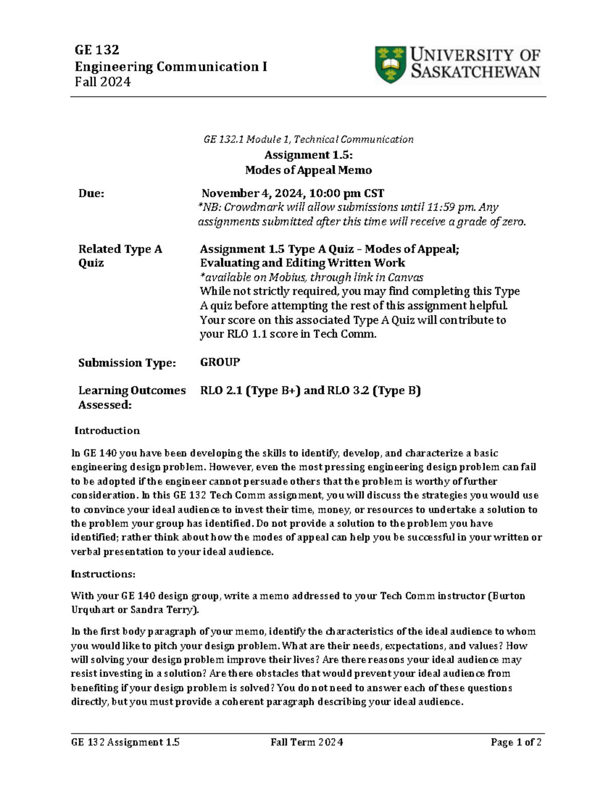 GE132 Fall 2024 Assignment 1 - - Studocu