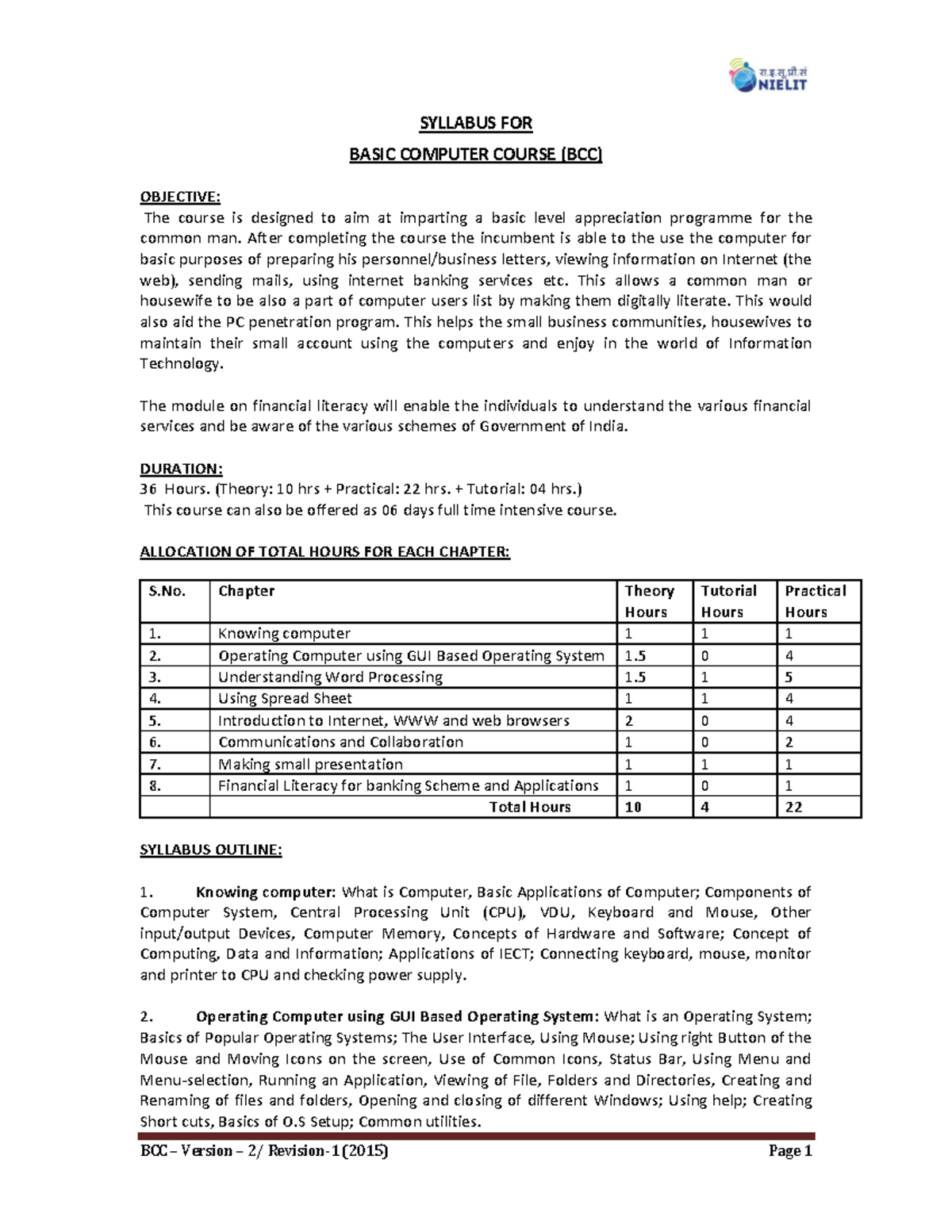 Syllabus of bcc 1 - SYLLABUS FOR BASIC COMPUTER COURSE (BCC) OBJECTIVE ...