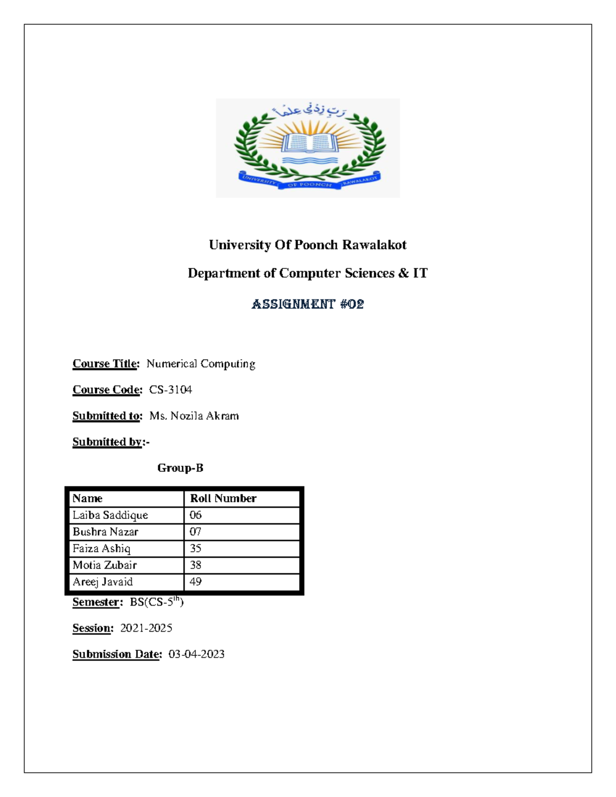 NCF - University Of Poonch Rawalakot Department of Computer Sciences & IT Assignment Course ...