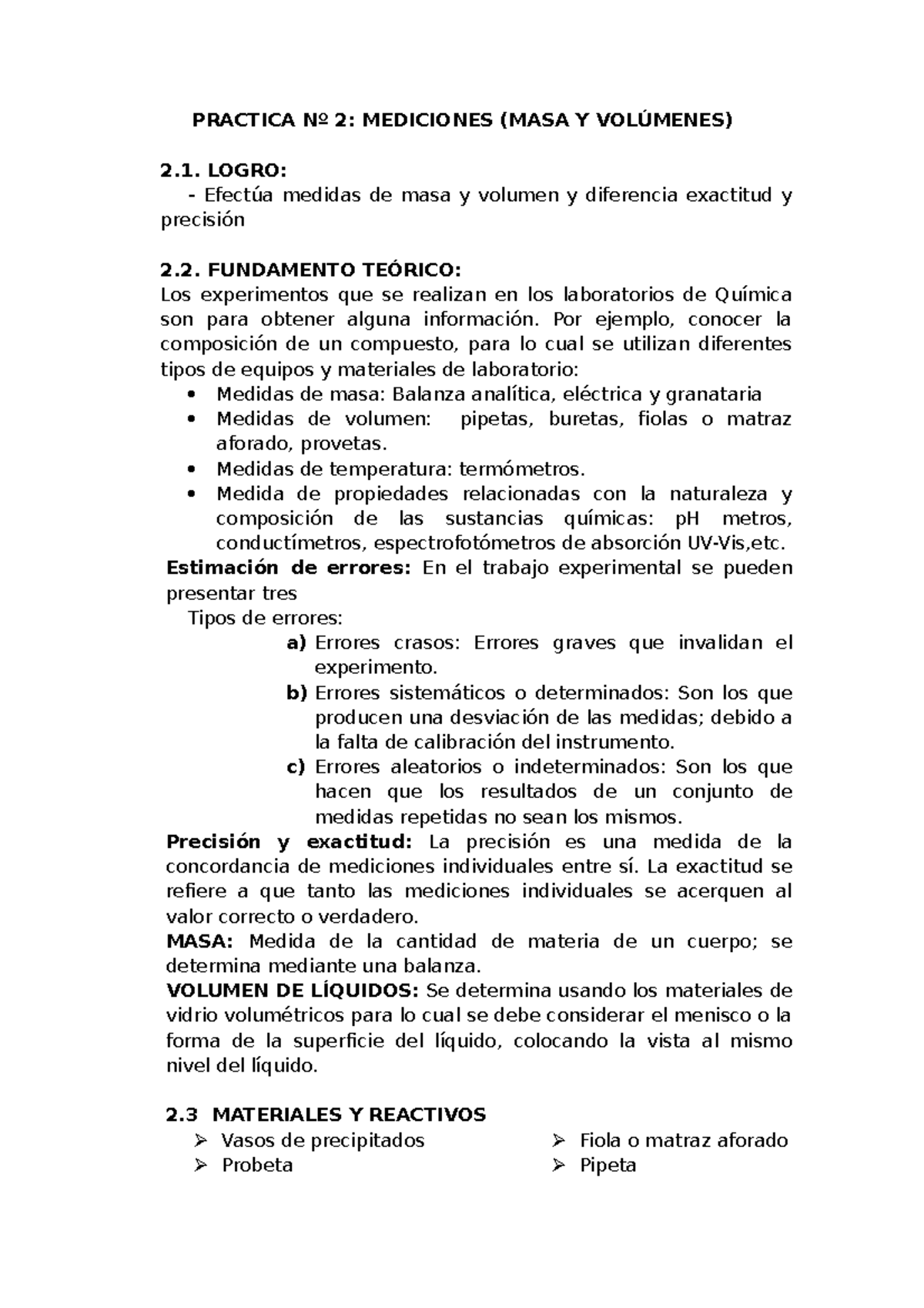 Practica Nº 2 Medicion DE MASA Y Volumen - PRACTICA Nº 2: MEDICIONES ...