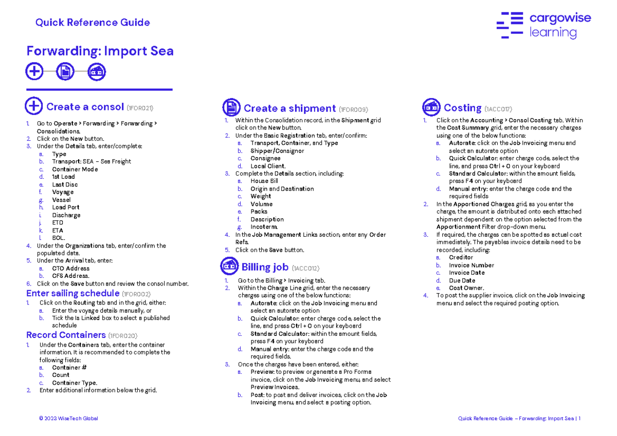 QRG+Forwarding+-+Import+Sea - © 2023 WiseTech Global Quick Reference ...