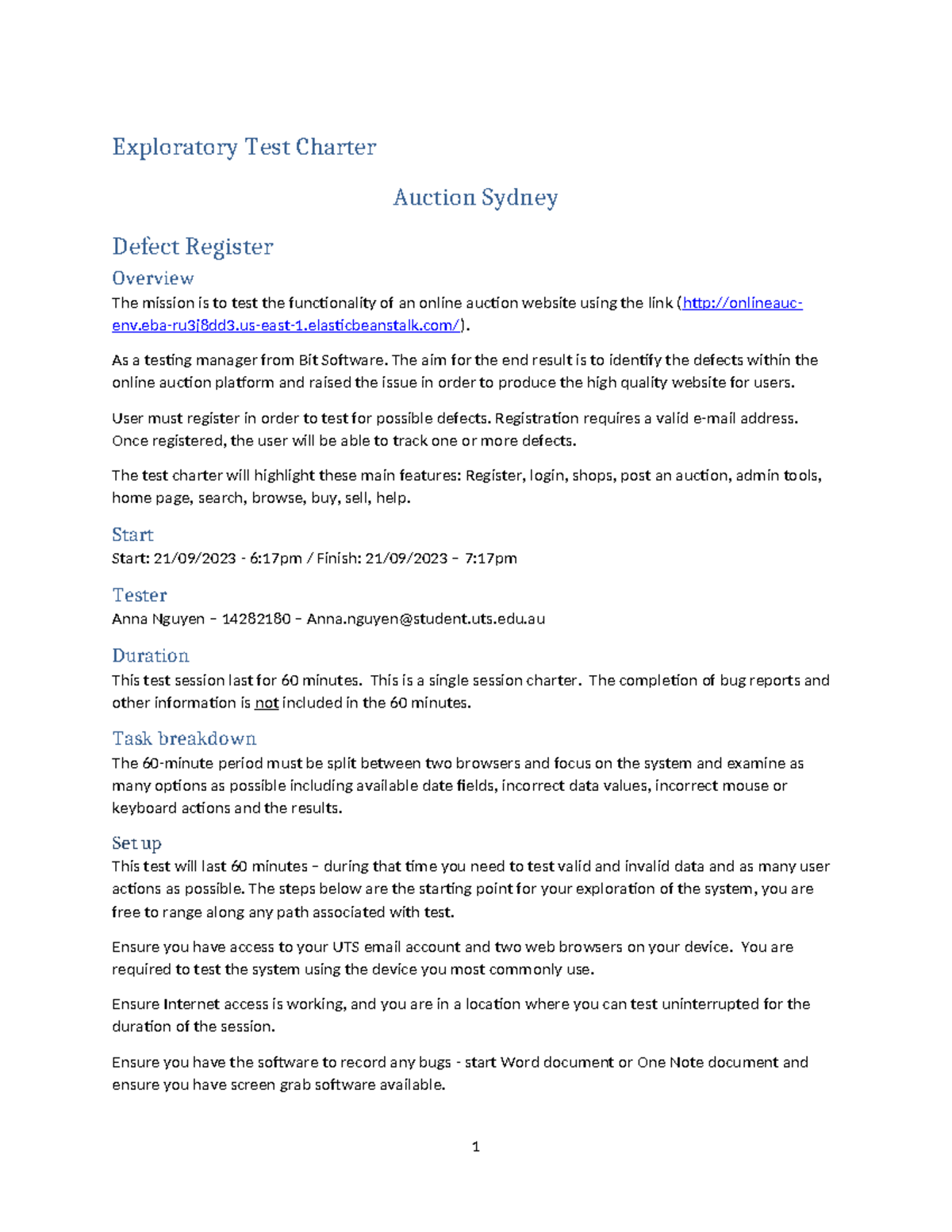Exploratory Test Charter - Exploratory Test Charter Auction Sydney ...