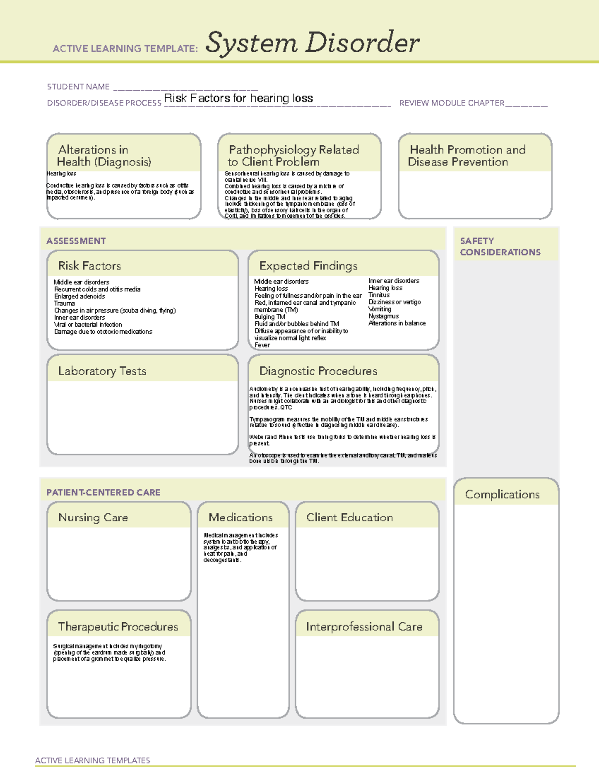 Risk factors hearing loss - ACTIVE LEARNING TEMPLATES System Disorder ...