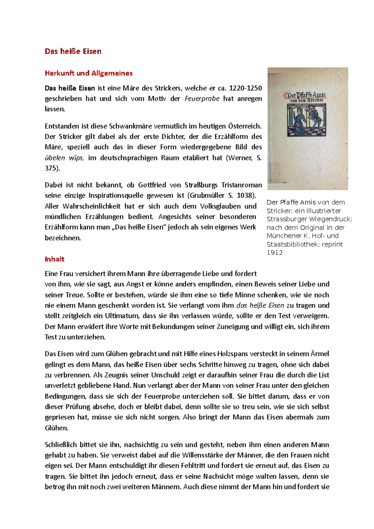 Das heiße Eisen - Referatsdokument - Der Pfaffe Amis von dem Stricker ...