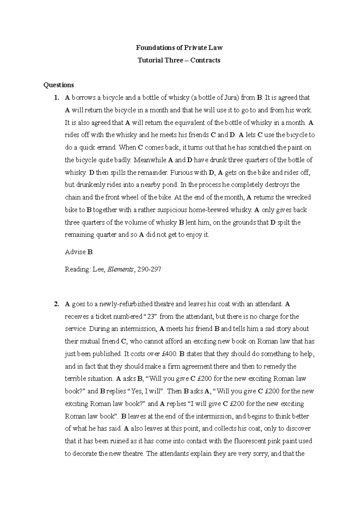 Tutorial 3 Questions - Foundations of Private Law Tutorial Three ...