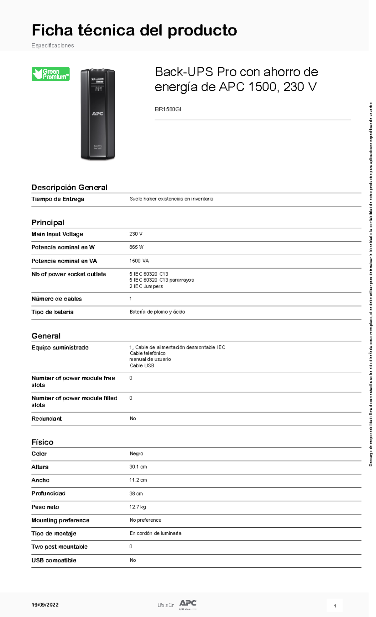 Back-UPS Pro BR1500GI - una lectura - Ficha técnica del producto ...