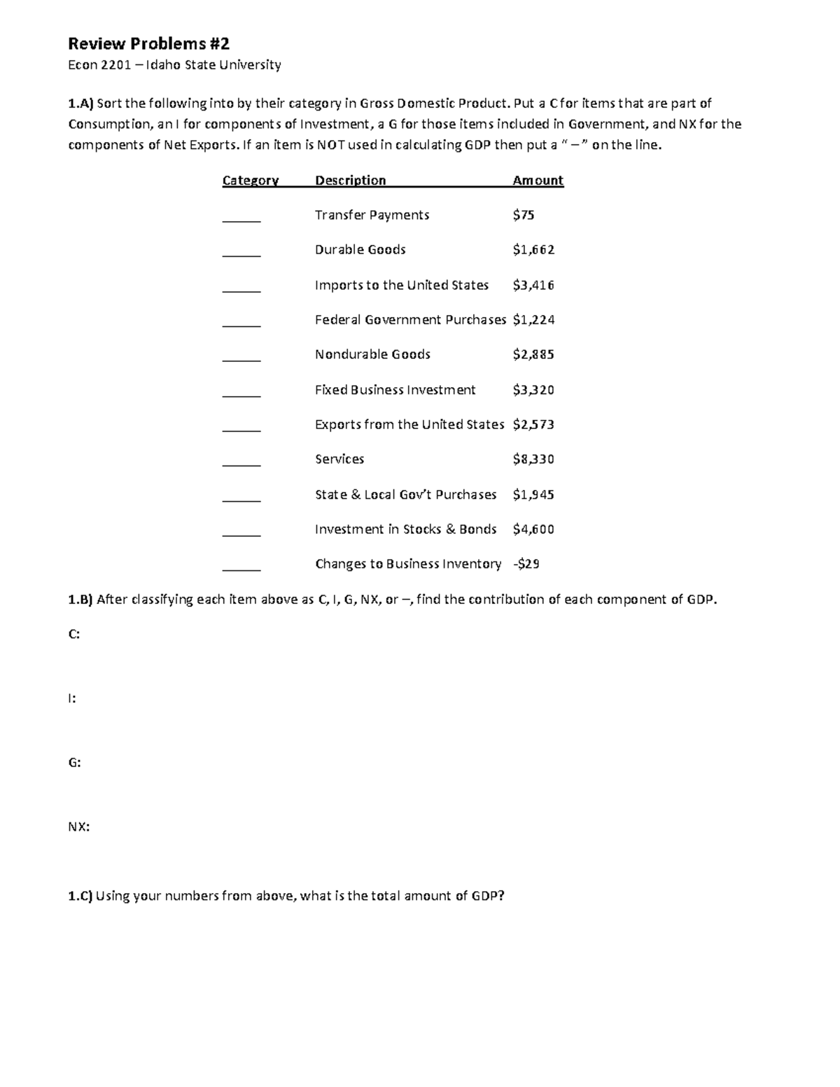 ECON 2201 Exam 2 Problems - Review Problems Econ 2201 – Idaho State ...