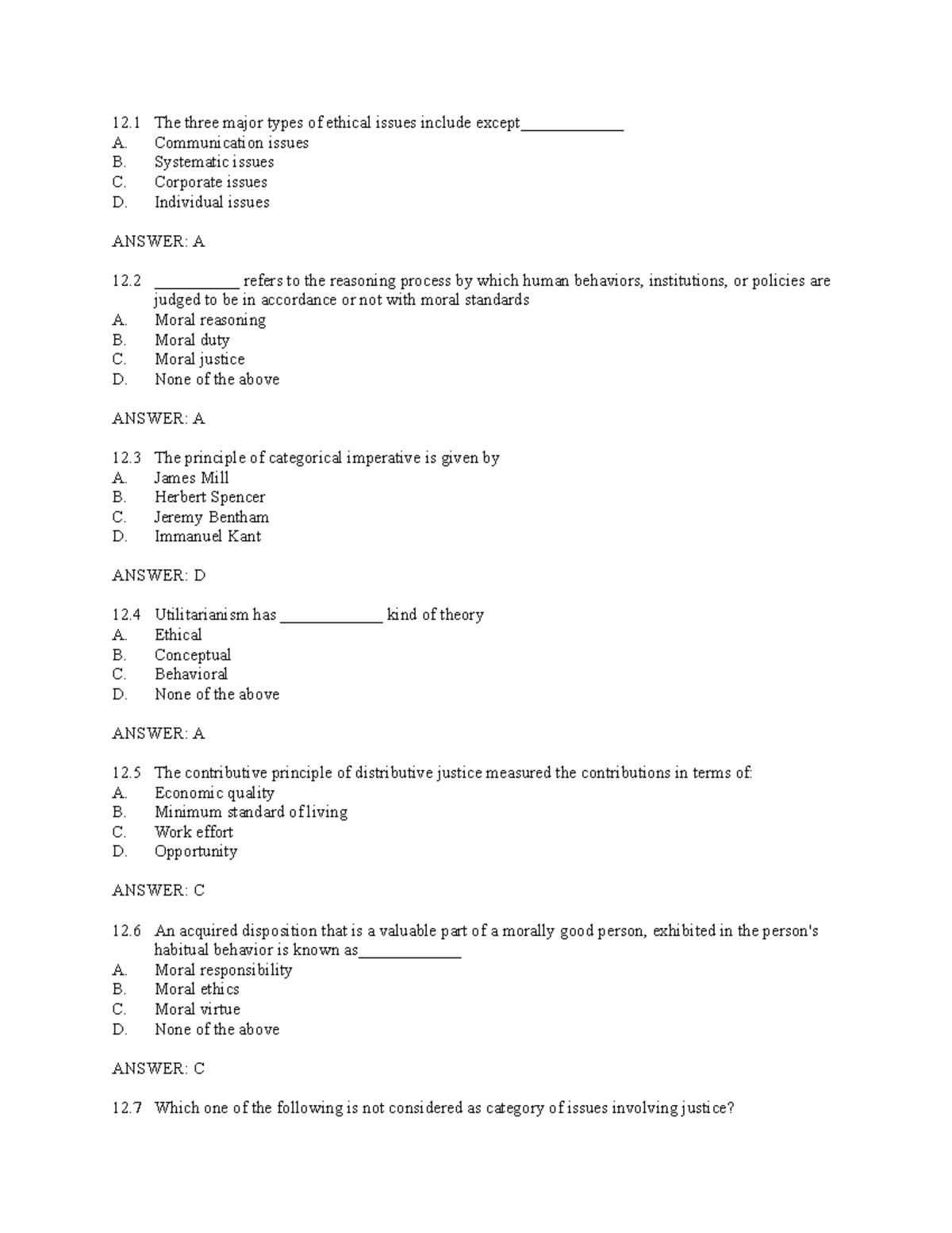 Mcqs 12 busn - mcqs - 12 The three major types of ethical issues ...