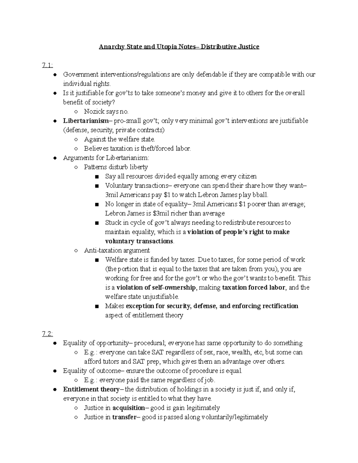 Anarchy State and Utopia Notes- Ditributive Justice - Anarchy State and ...