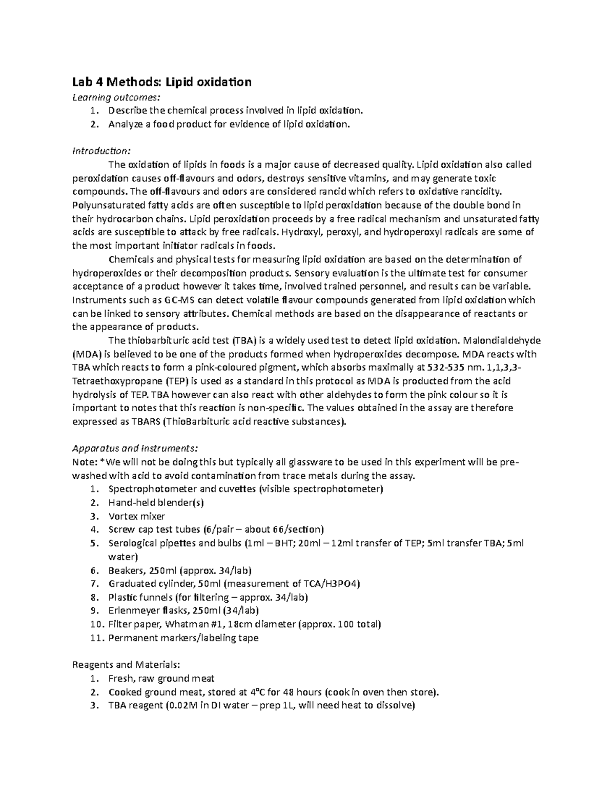 Lab 4 Methods - Lipid oxidation - ABC - Lab 4 Methods: Lipid oxidation ...