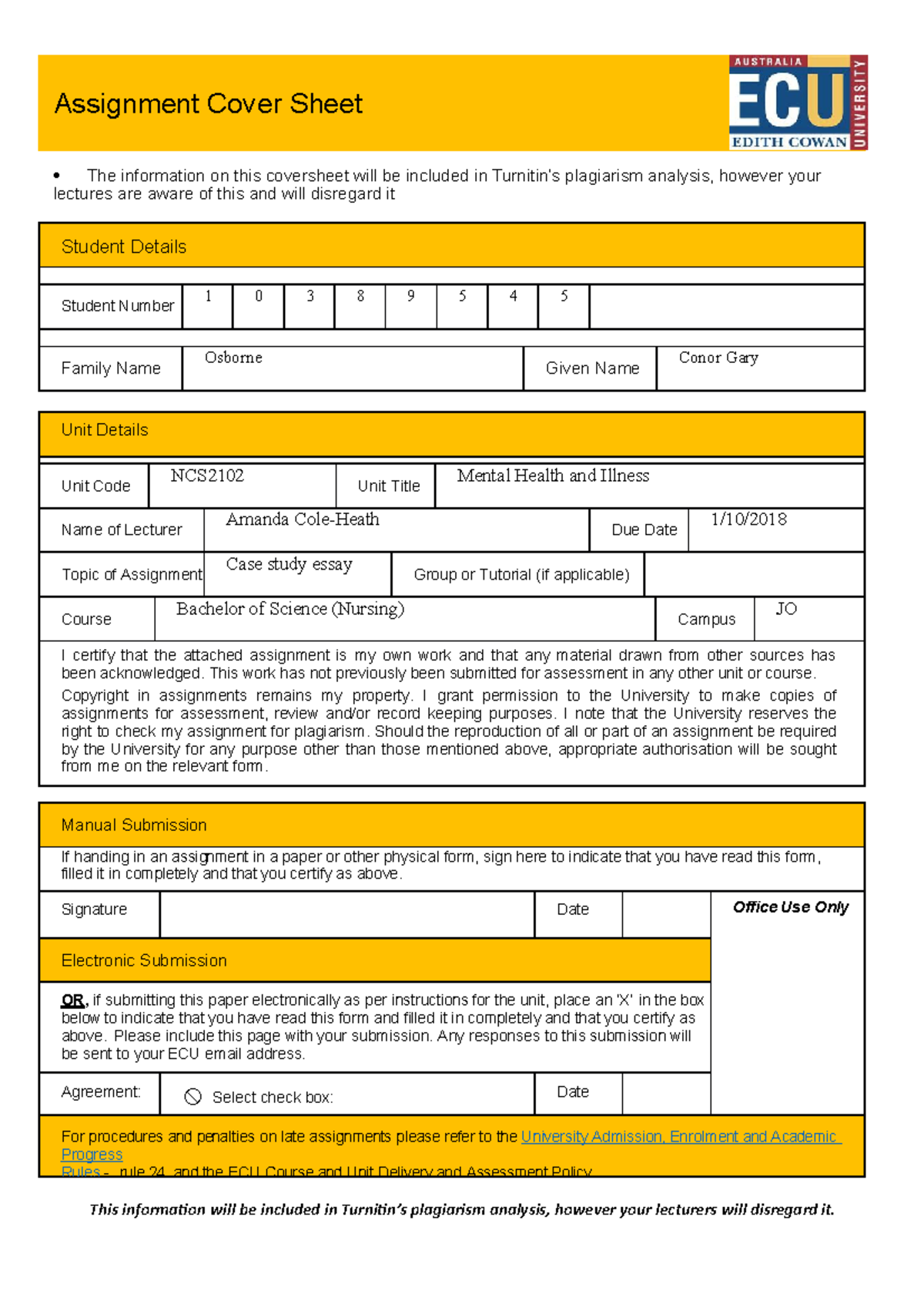 Mental health assignment - final - Assignment Cover Sheet The ...