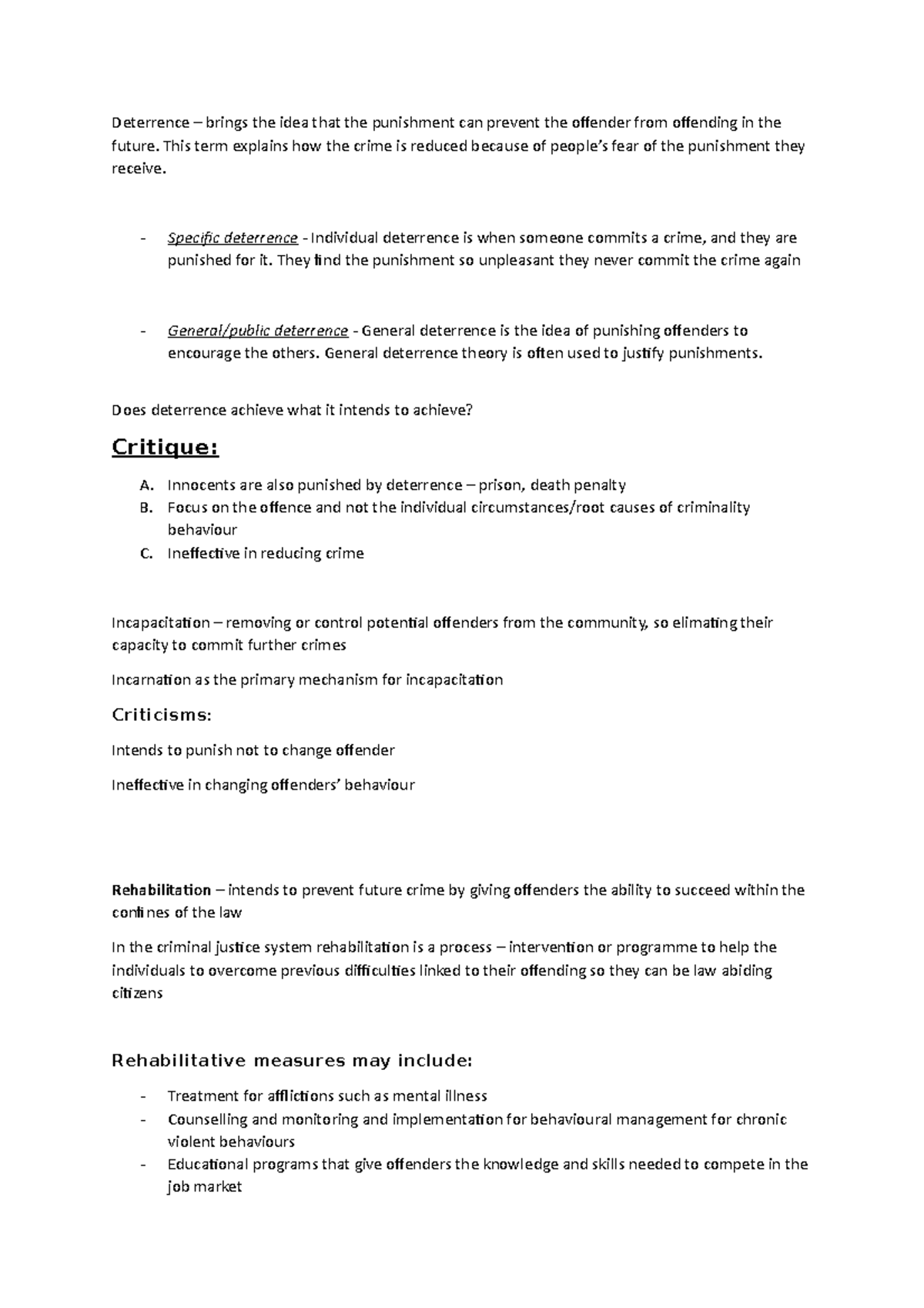 Prisons 2 - notes - Deterrence – brings the idea that the punishment ...
