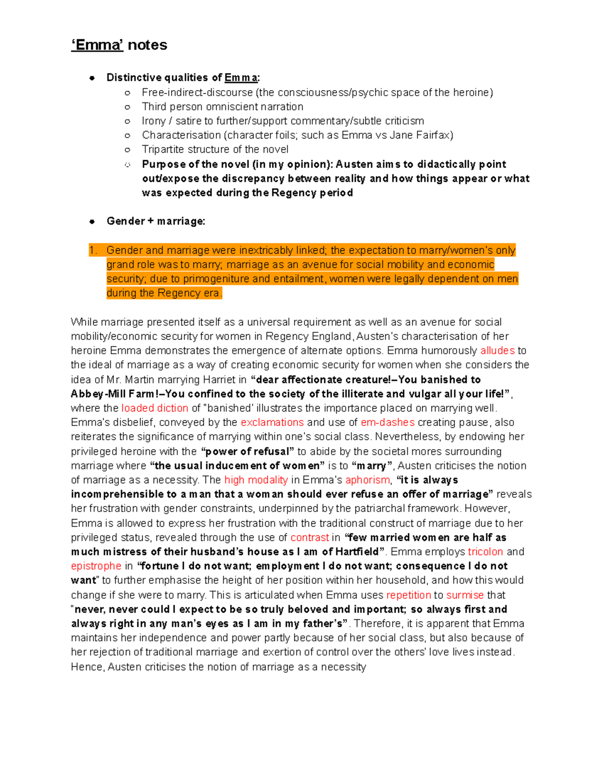 Jane Austen, Emma Notes Module B (Quotes Included) - Distinctive ...