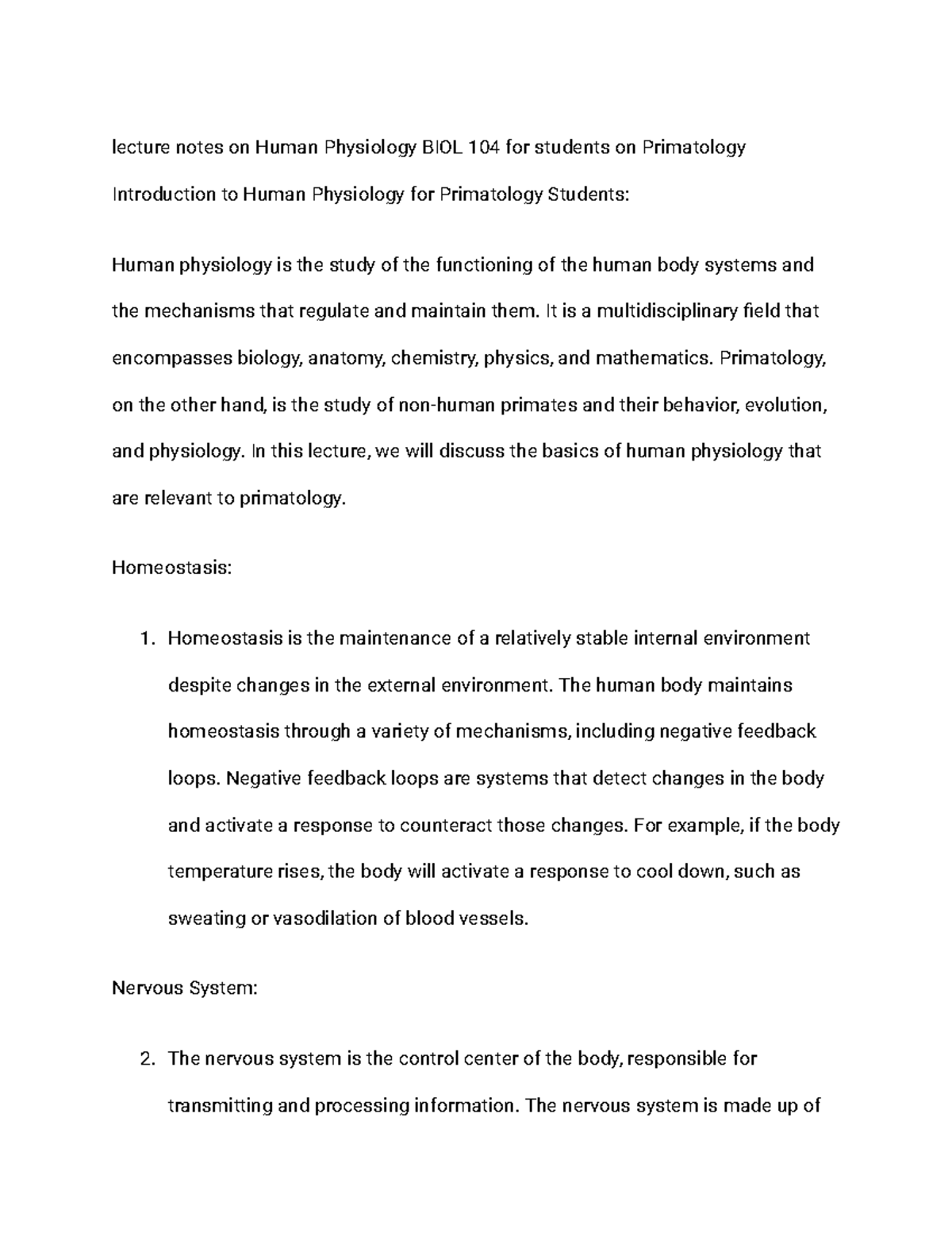 Lecture notes on Human Physiology BIOL 104 for students on Primatology ...