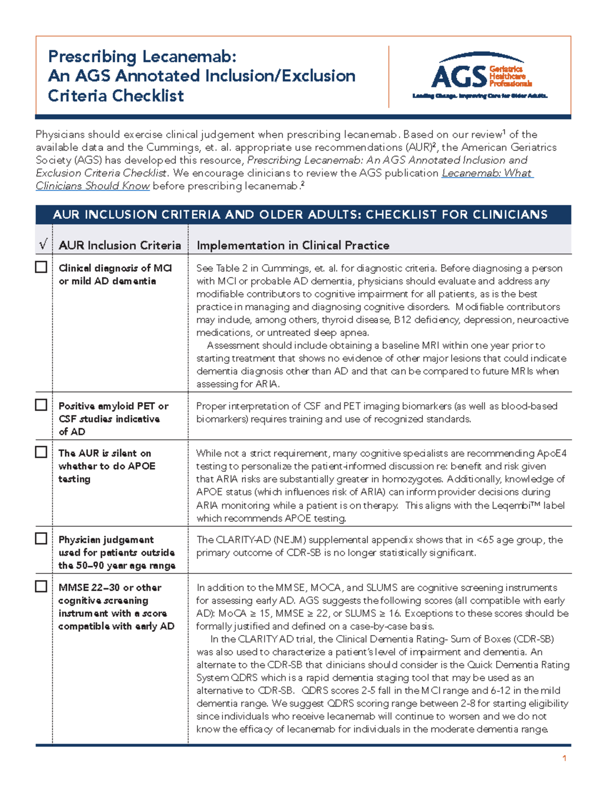 AGS Lecanemab checklist Final Dec23 - 1 Prescribing Lecanemab: An AGS Annotated Inclusion ...