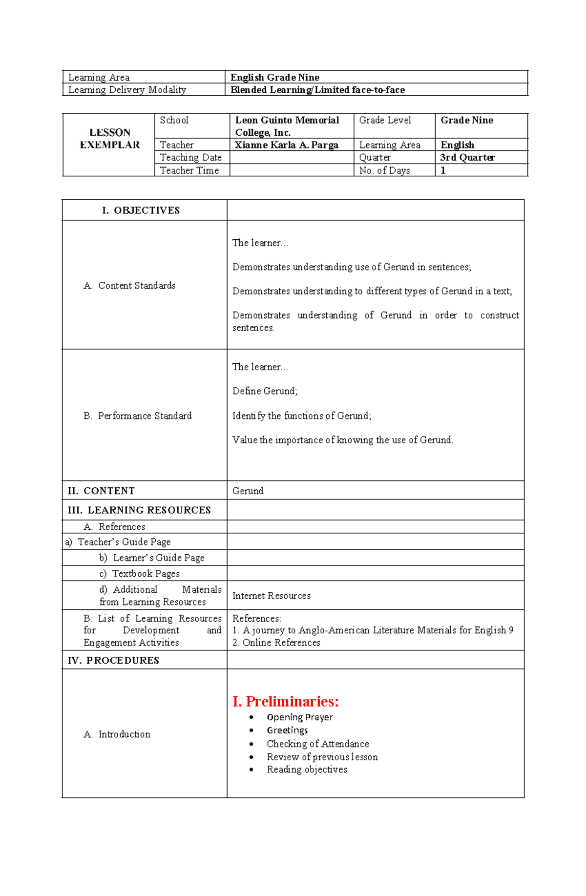 Teaching-of-Grammar 4As Lesson-exemplar Parga - Learning Area English ...