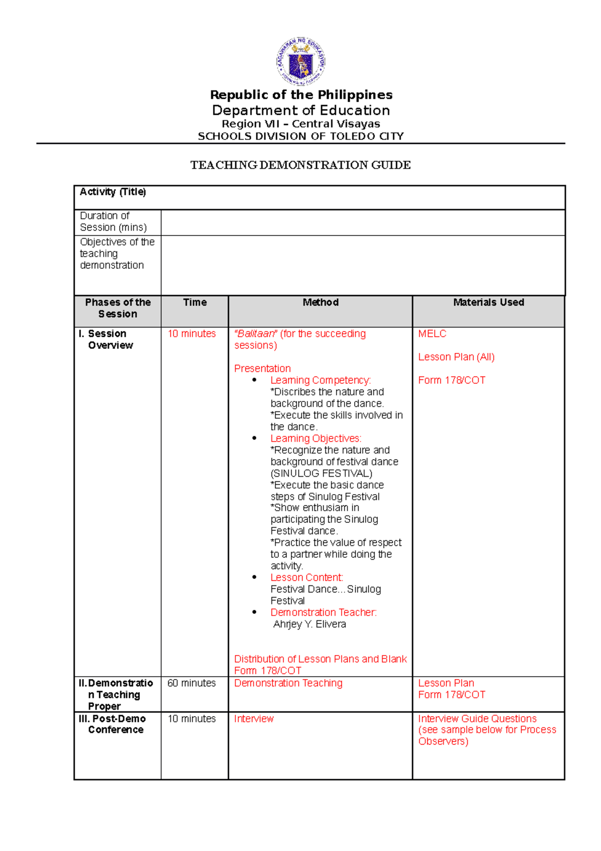 Teaching Demonstration Guide Template - Republic of the Philippines ...