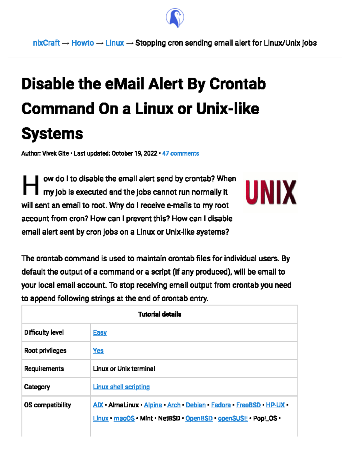 How To Disable e Mail Alert By Crontab Command on Linux Unix - nix Craft - nixCraft Howto Linux ...