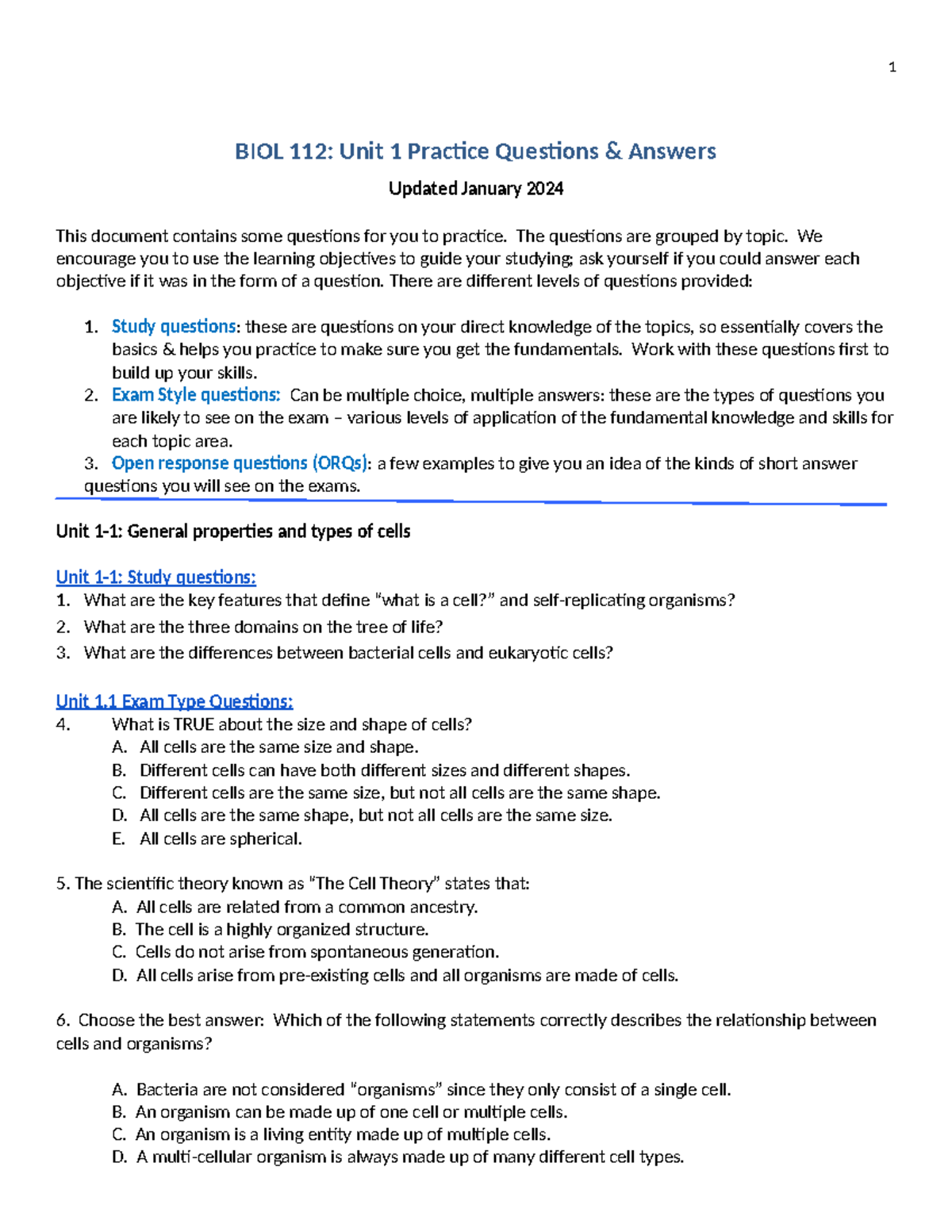 Unit 1 practice questions Q - BIOL 112: Unit 1 Practice Questions ...