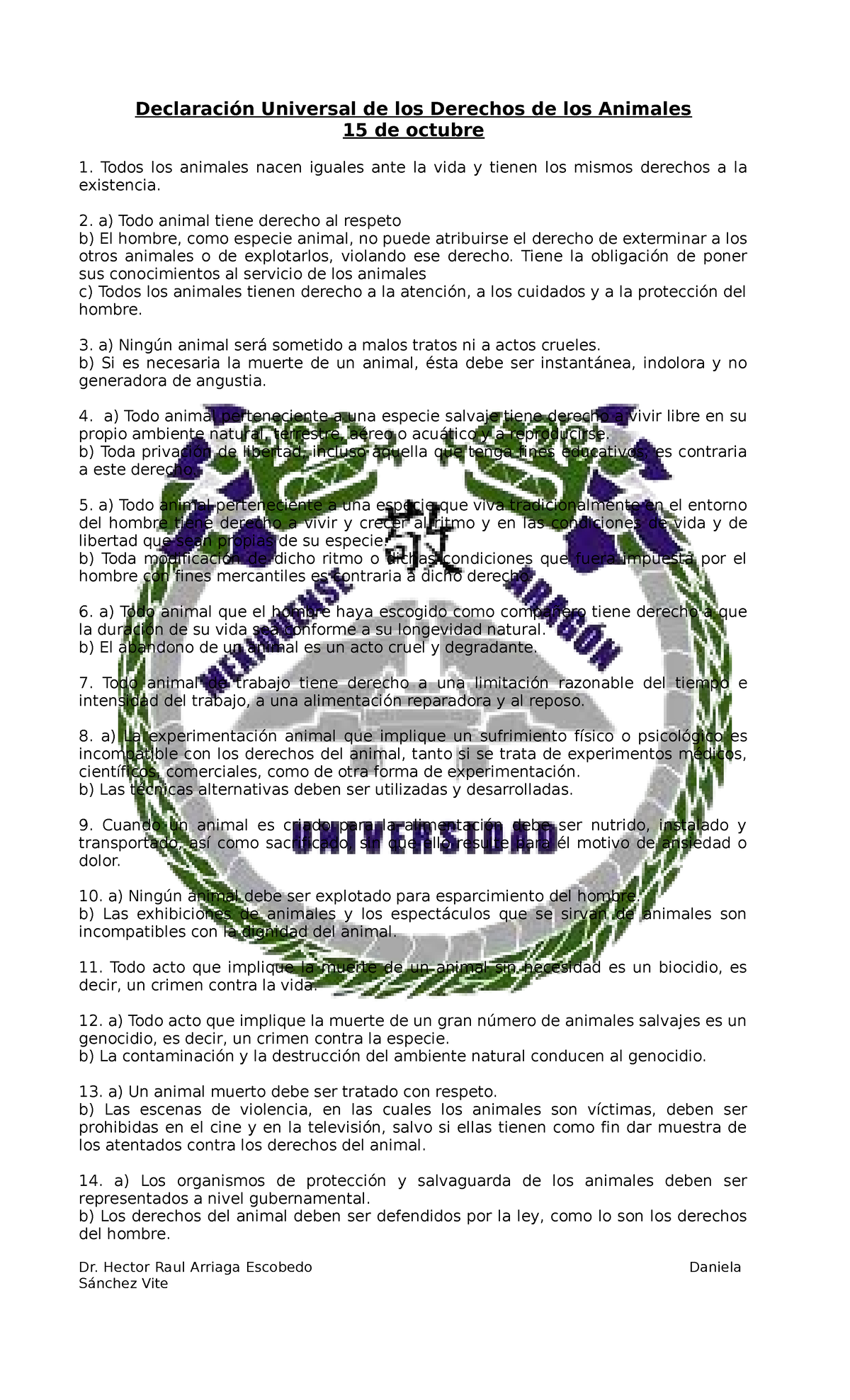 Declaracion - Declaración Universal de los Derechos de los Animales 15 ...