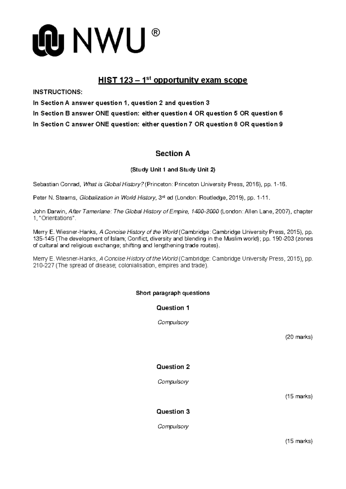 HIST 123 - 1st opp - Exam scope - HIST 123 – 1 st opportunity exam ...