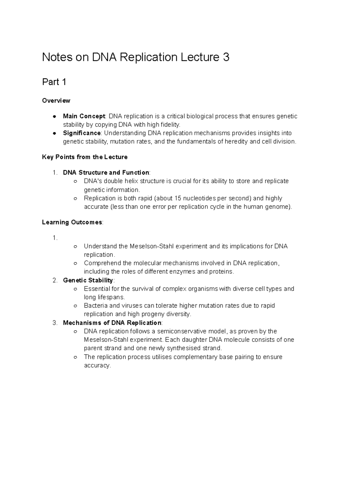 Topics I, II & III lecture notes 1062 - Notes on DNA Replication ...