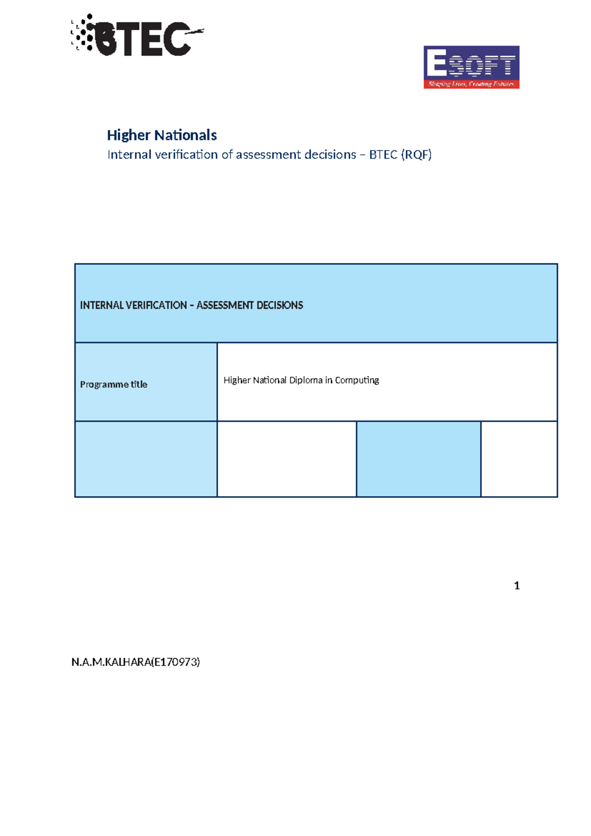 Programming assignment - Higher Nationals Internal verification of ...