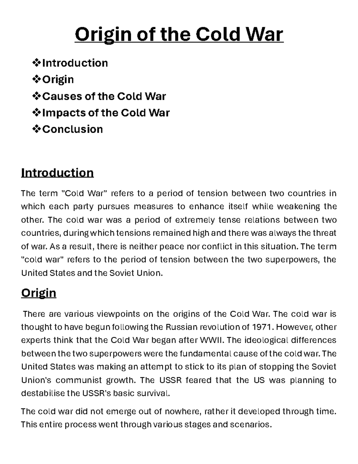 Document (2) (9)-1 - Must read. - Origin of the Cold War Introduction Origin Causes of the Cold ...