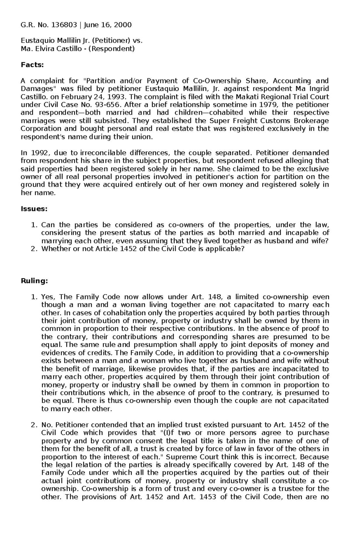 4 Malilin vs Castillo - cases - G. No. 136803 | June 16, 2000 Eustaquio ...