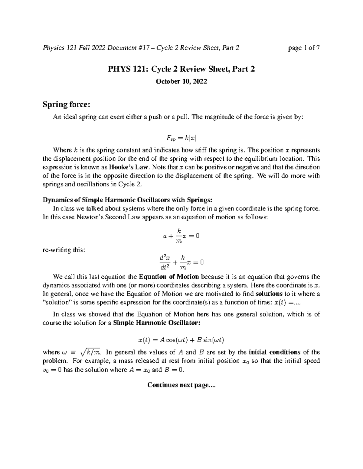 Cycle 2 Review sheet Part 2 - PHYS 121: Cycle 2 Review Sheet, Part 2 October 10, 2022 Spring ...