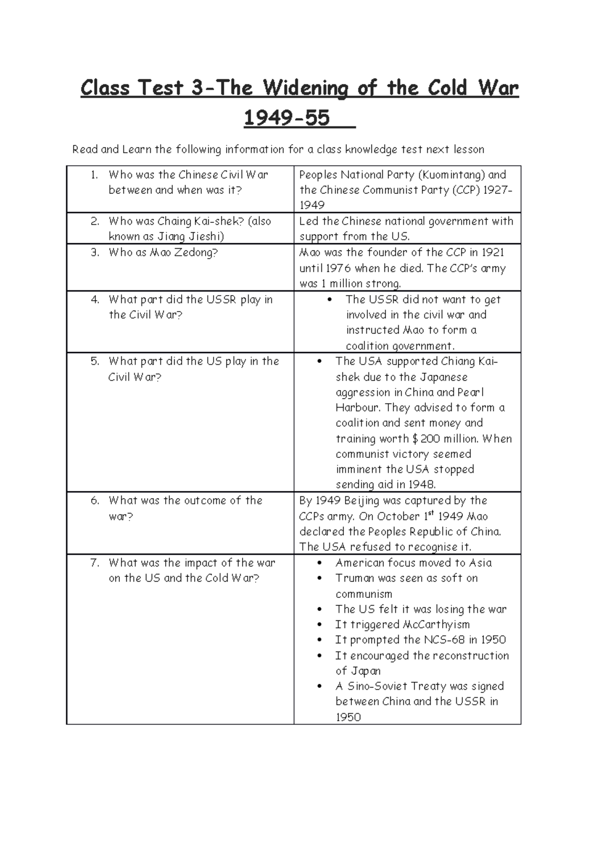 Cold War - Test 3 - Cold war - Class Test 3-The Widening of the Cold ...