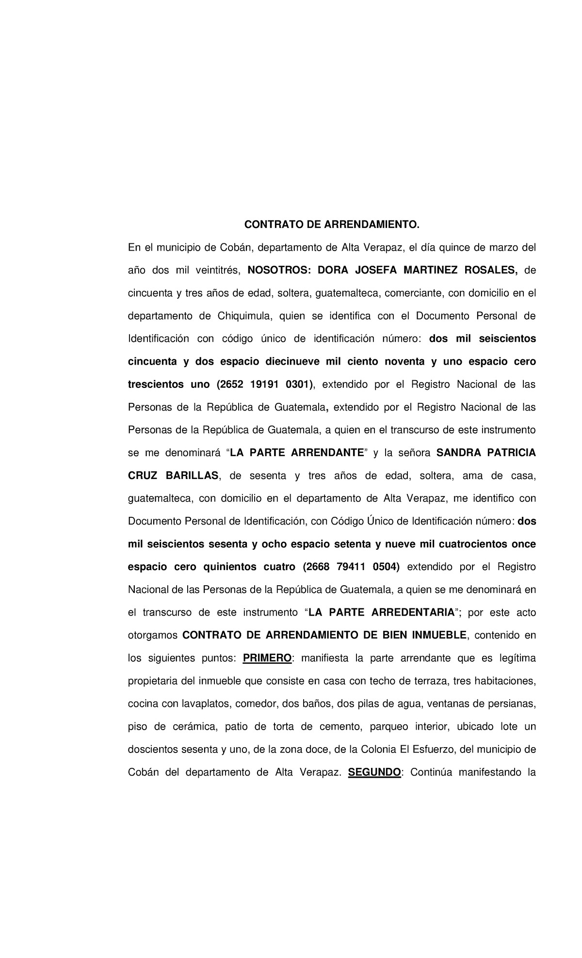 Contrato DE Arrendamiento DORA Y Sandra Coban 2023 - CONTRATO DE ...