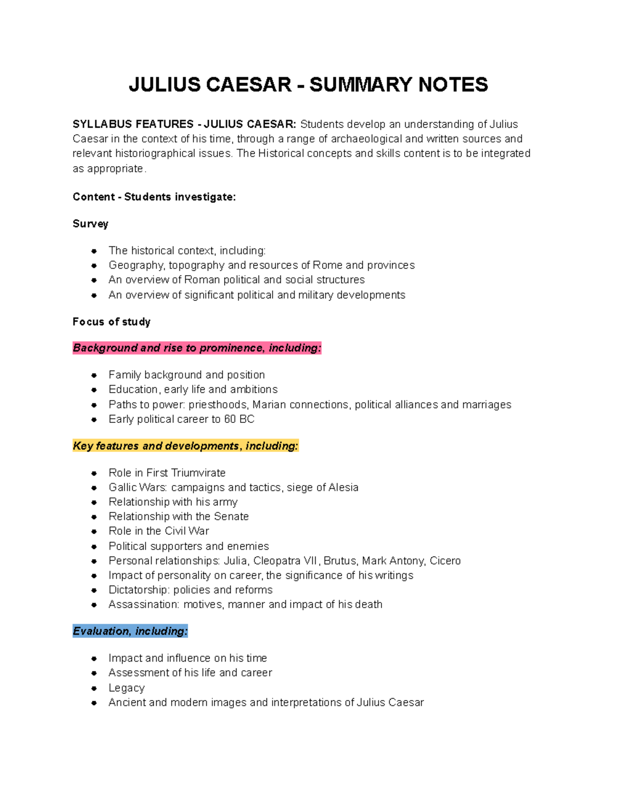 Julius Caesar notes - JULIUS CAESAR - SUMMARY NOTES SYLLABUS FEATURES ...