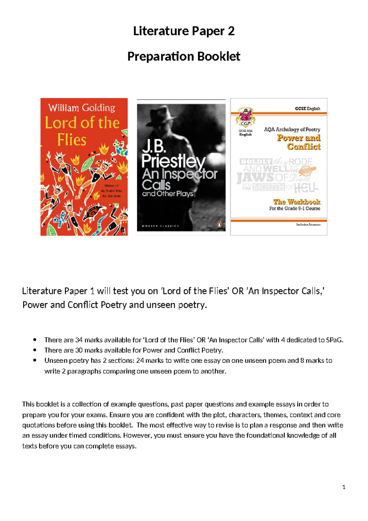 Literature Paper 2 booklet - Literature Paper 2 Preparation Booklet ...