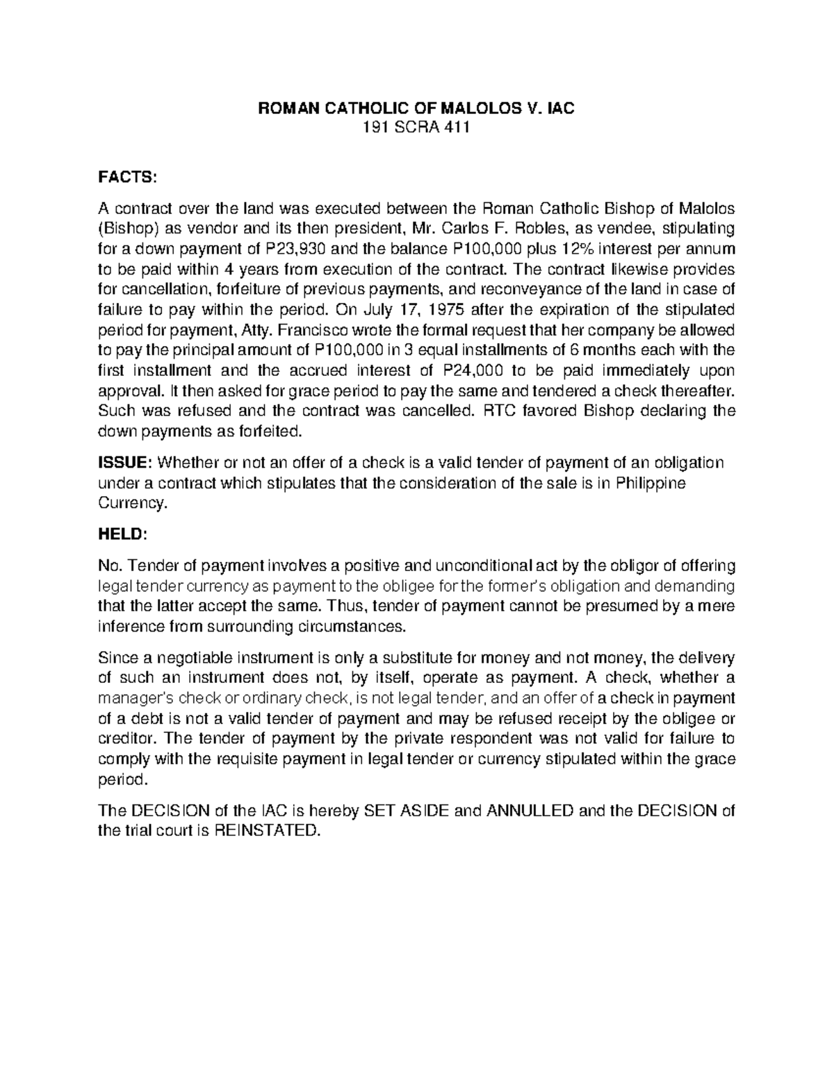 Roman Catholic OF Malolos V IAC - ROMAN CATHOLIC OF MALOLOS V. IAC 191 ...