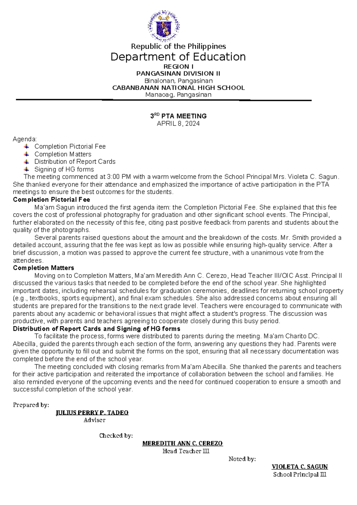 3rd PTA Meeting - Narrative report for 3rd quarter card day - Republic ...